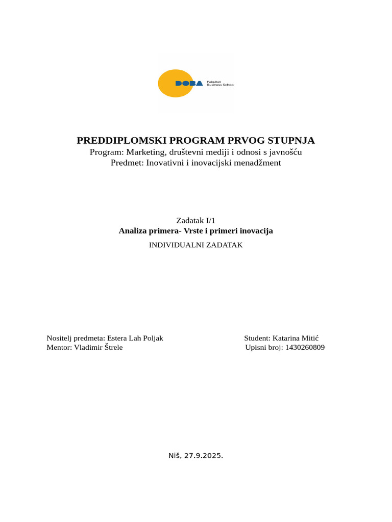 Analize Primera - Vrste I Primeri Inovacija | PDF