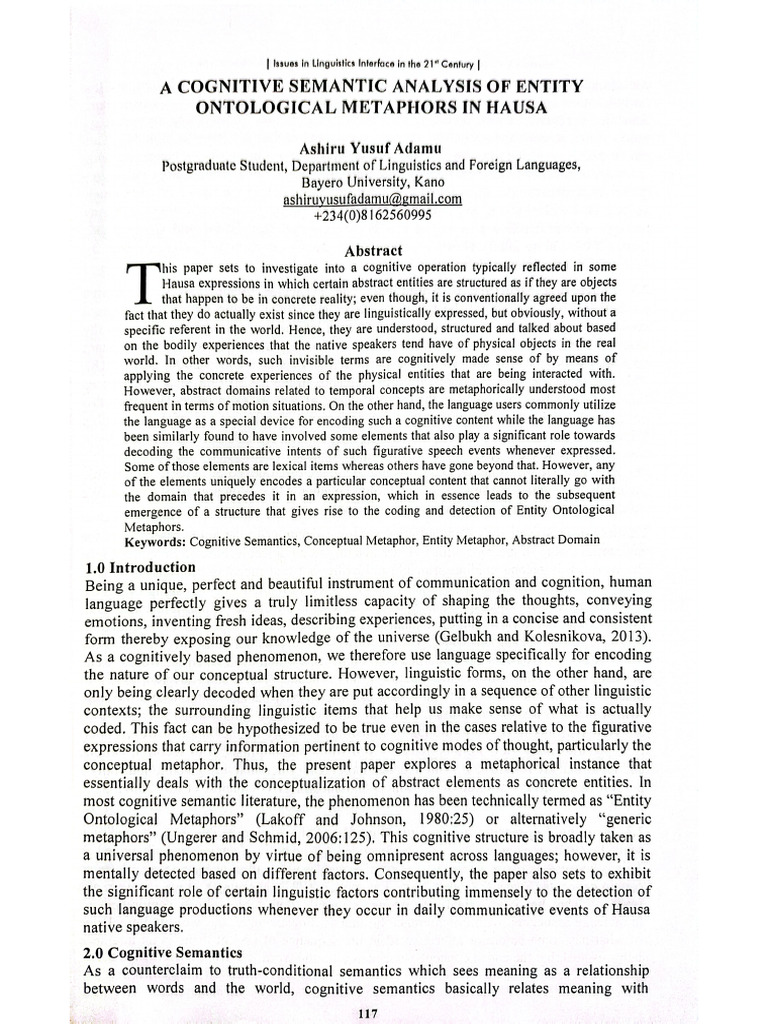 A Cognitive Semantic Analysis of Entity Ontological Metaphors in Hausa | PDF