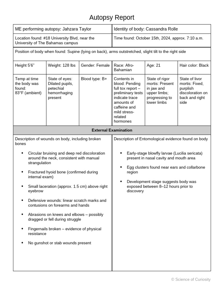 Preliminary Autopsy Findings for Cassandra Rolle | PDF | Autopsy