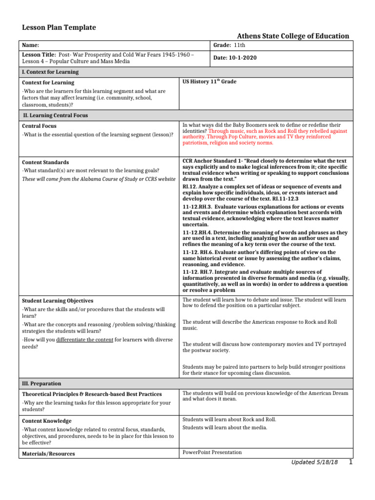 11th Grade Lesson Plan: Cold War Culture | PDF | Educational Assessment ...