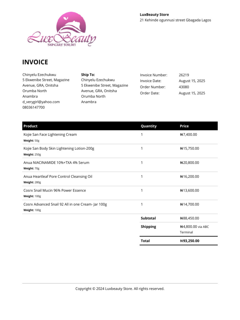 LuxBeauty Store Invoice for Chinyelu Ezechukwu | PDF