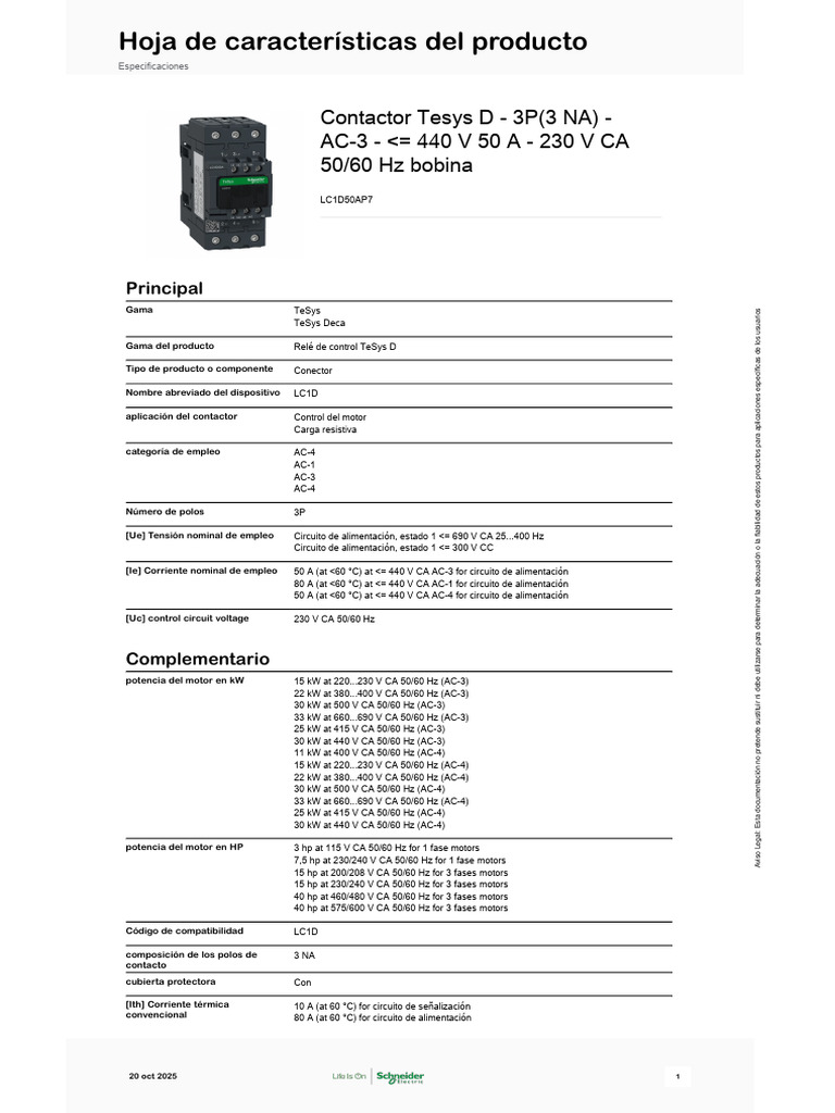 Contactor Tesys D LC1D50AP7 50A 3P | PDF | Electricidad | Equipo eléctrico