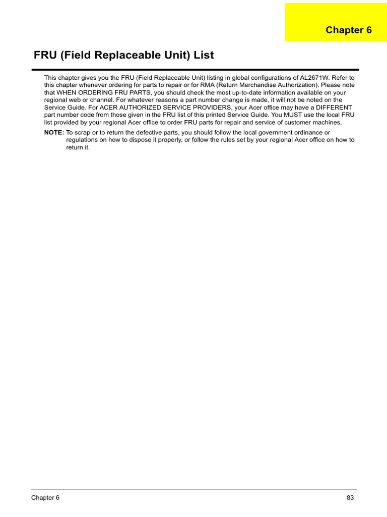 Acer AL2671W FRU Parts List | PDF | Electronics | Information And ...