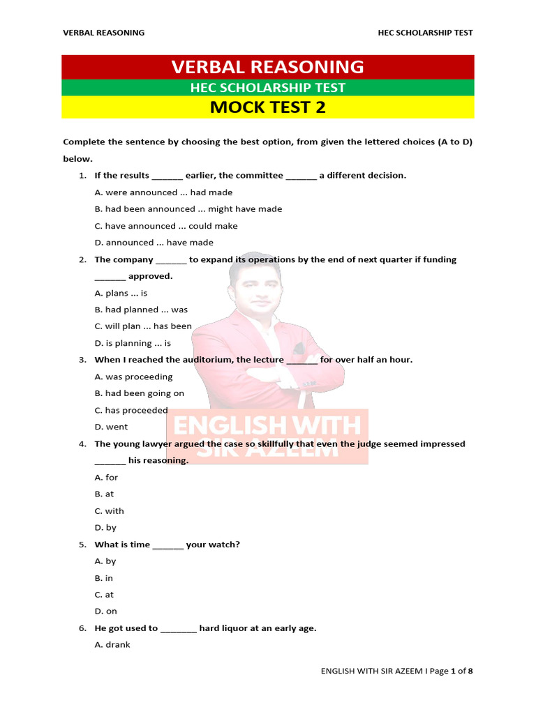 HEC Scholarship Test: Verbal Reasoning Mock | PDF | Artificial ...