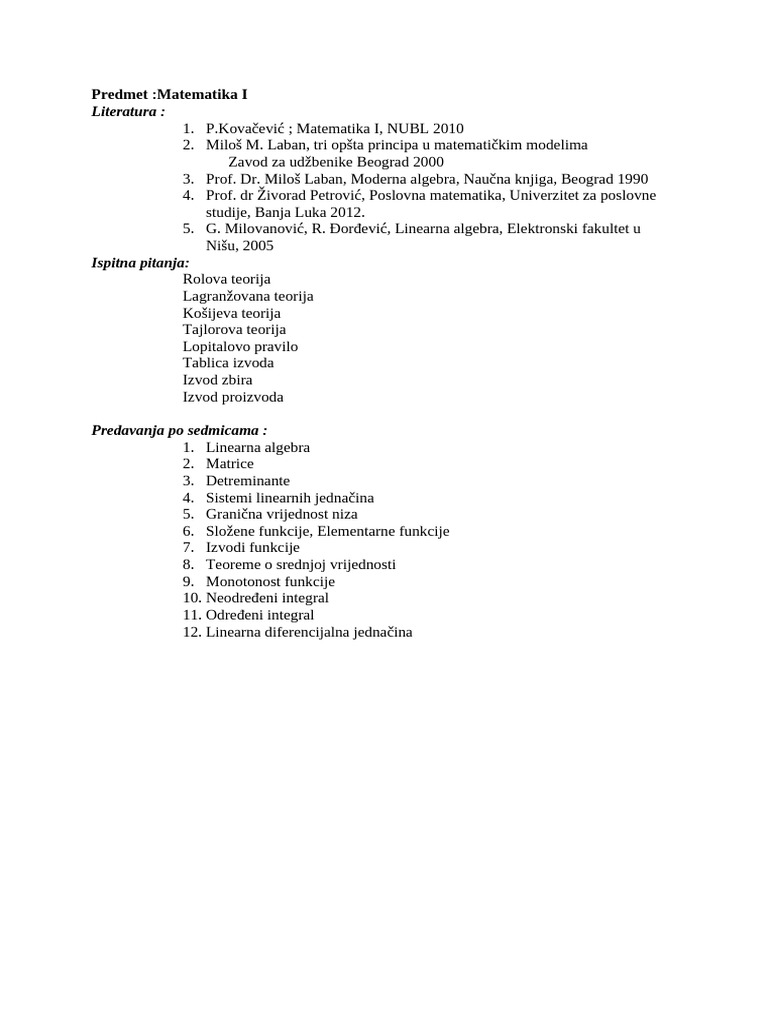 Matematika-1 Literatura I Ispitna Pitanja | PDF