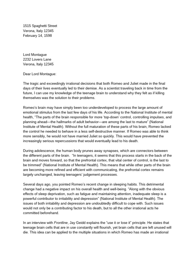 Brain Letter | PDF | Adolescence | Characters In Romeo And Juliet