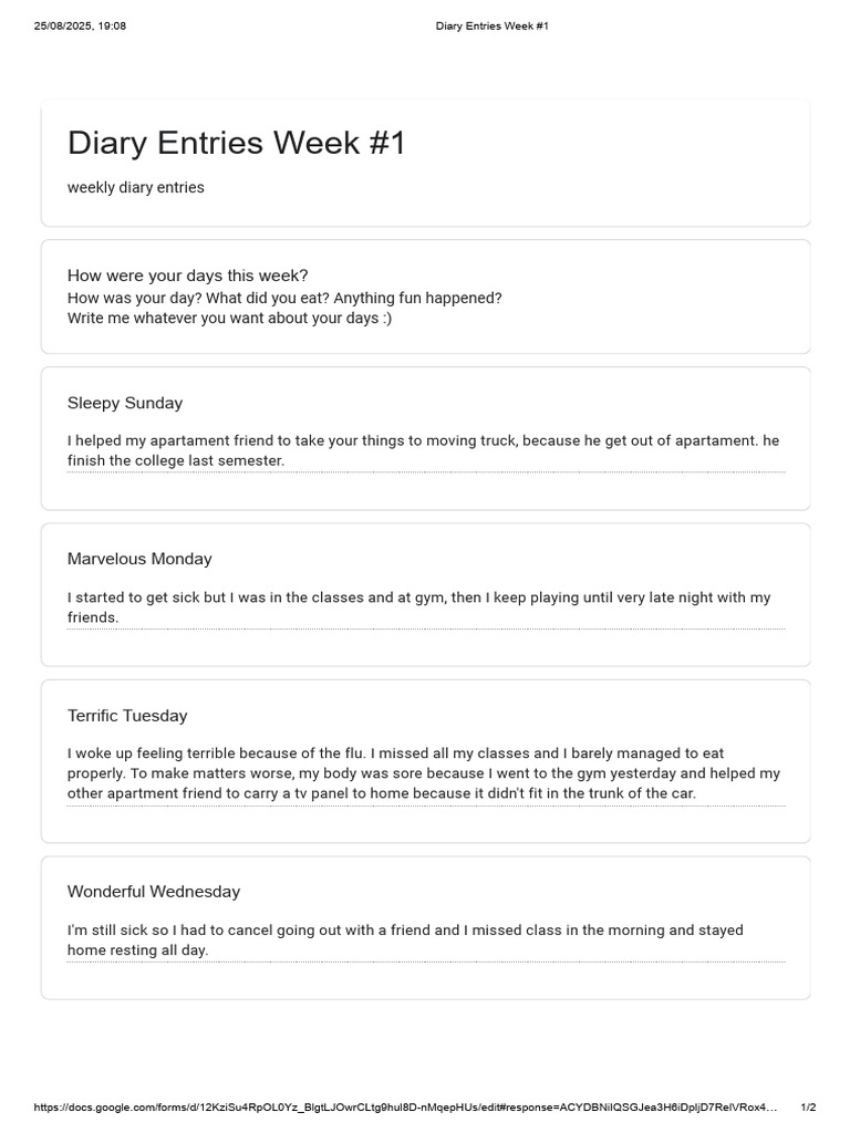 Weekly Diary Entries: Life Updates | PDF