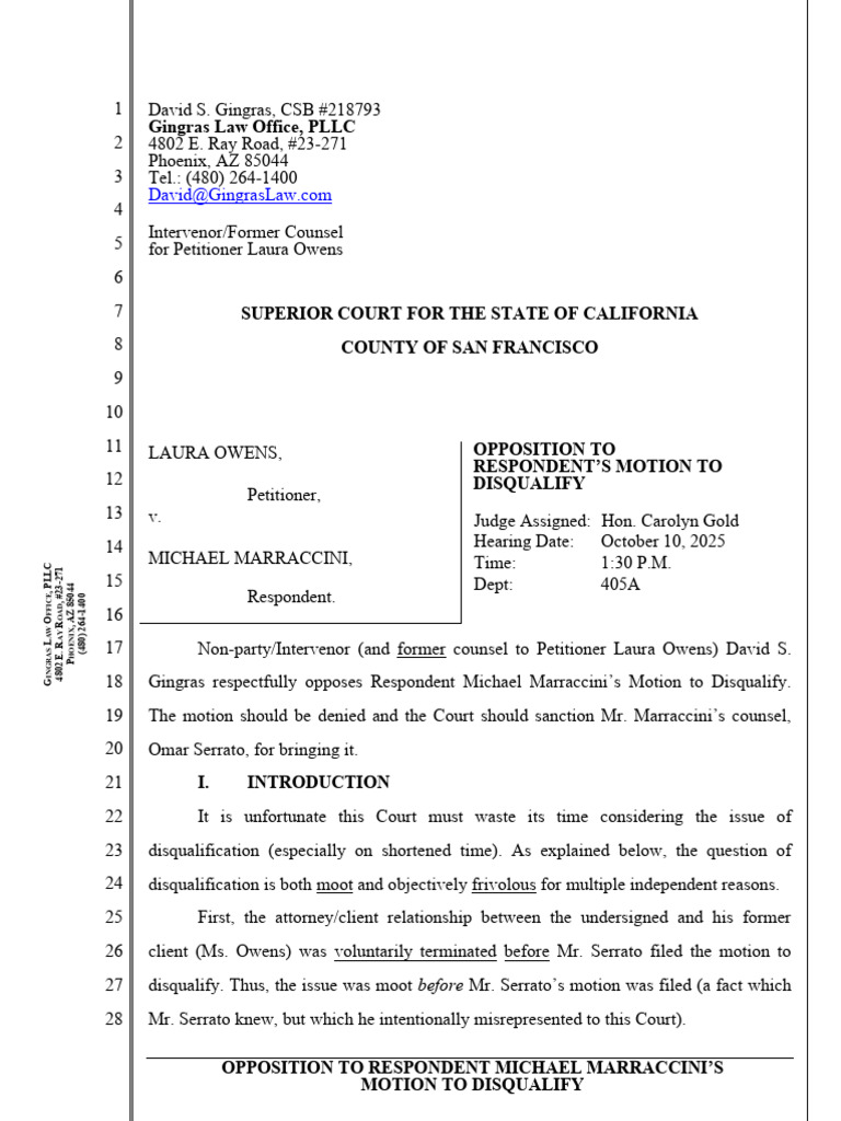 Owens v. Marraccini DAVID GINGRAS' OPPOSITION TO MOTION TO DISQUALIFY ...