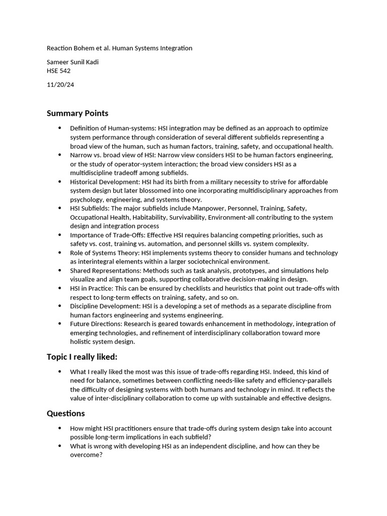Reaction Bohem Et Al. Human Systems Integration | PDF ...