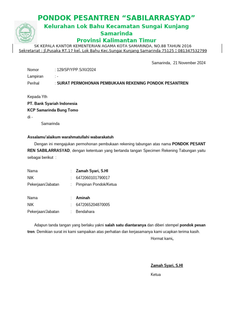 Bsi Surat Pondok Pesantren Sabilarrasyad | PDF