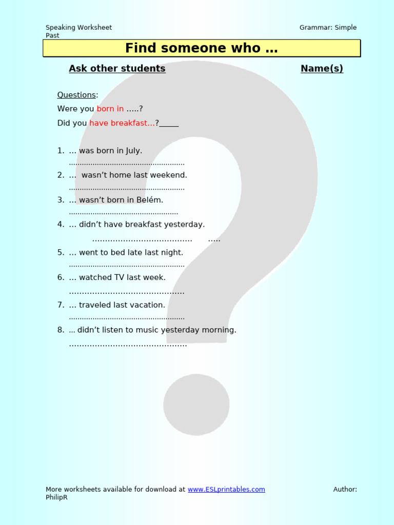 Find Someone Who Simple Past Activity | PDF