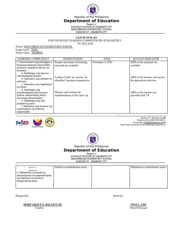 Catch-Up Plan for Grade 2 Filipino | PDF | Education Theory | Learning