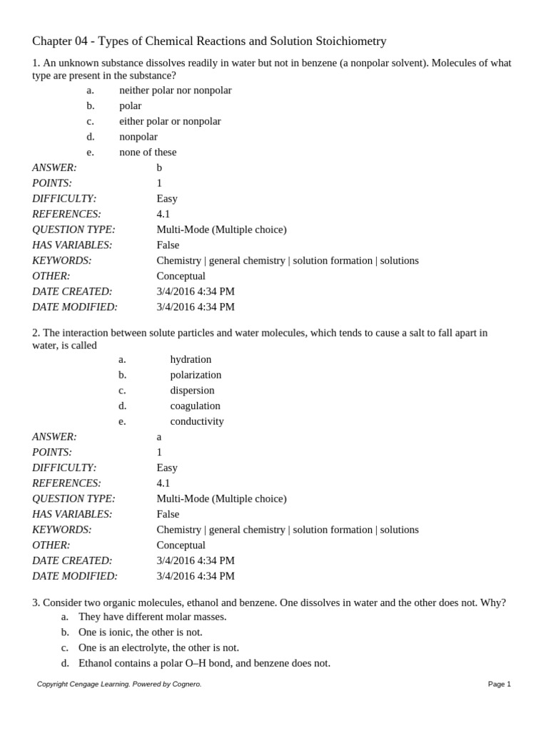 Chapter 04 Types of Chemical Reactions and Solution Stoichiometry | PDF ...