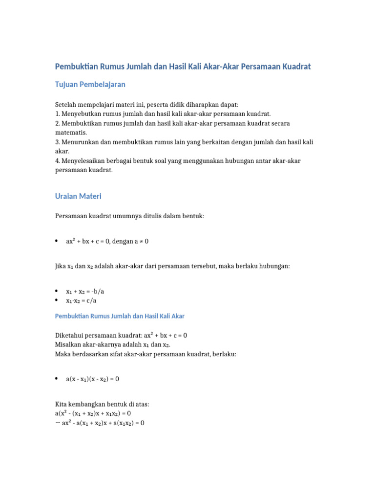 Pembuktian Rumus Jumlah Dan Hasil Kali Akar | PDF