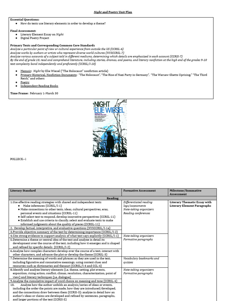 Night and Poetry Unit Plan Overview | PDF | Essays | Poetry