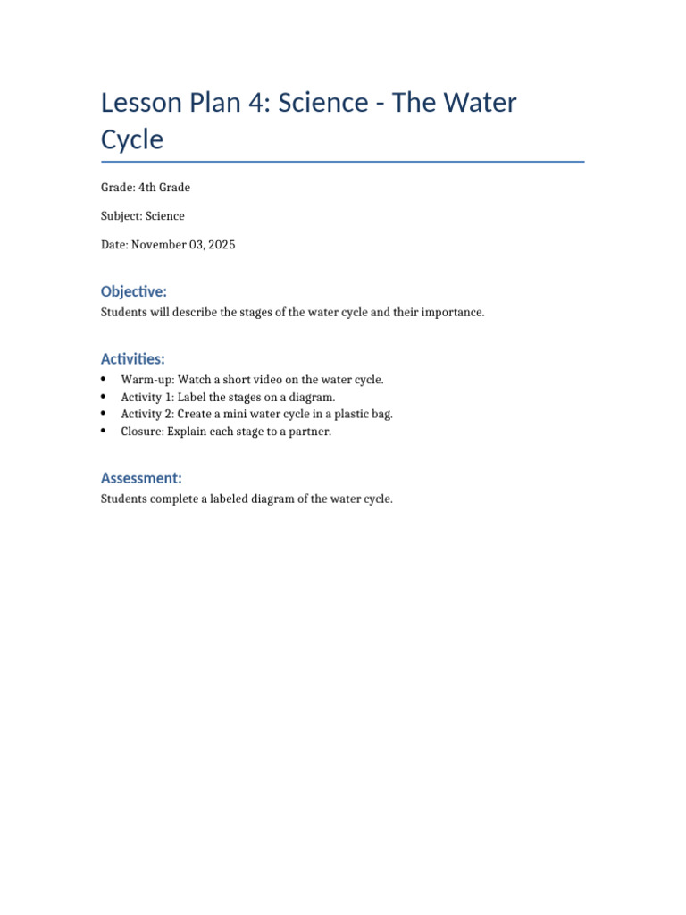 Lesson Plan 4 Science - The Water Cycle | PDF