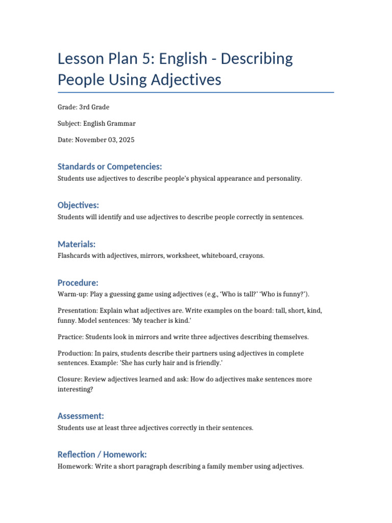 Adjectives Lesson Plan for 3rd Grade | PDF