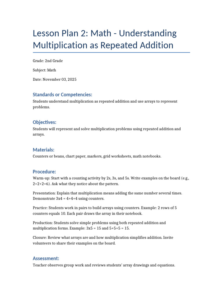 Lesson Plan 2 Math - Understanding Multiplication As Repeated Addition ...