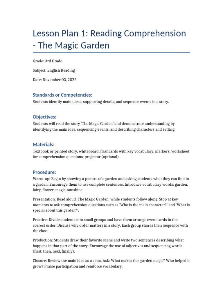 3rd Grade Reading Lesson: The Magic Garden | PDF