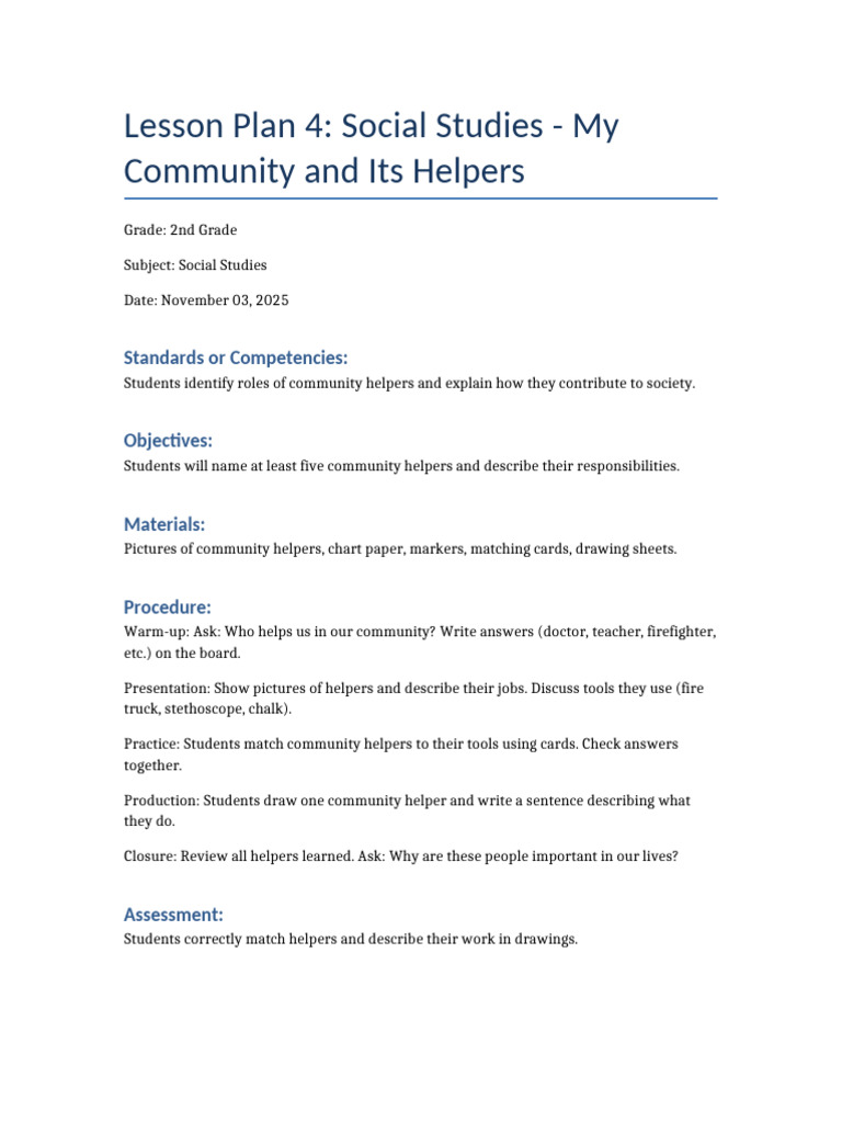 Lesson Plan 4 Social Studies - My Community and Its Helpers | PDF