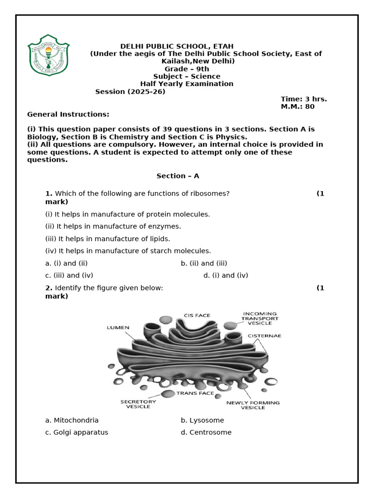 Half Yearly Question Paper Class 9th 20-09-2025 | PDF | Force | Cell ...