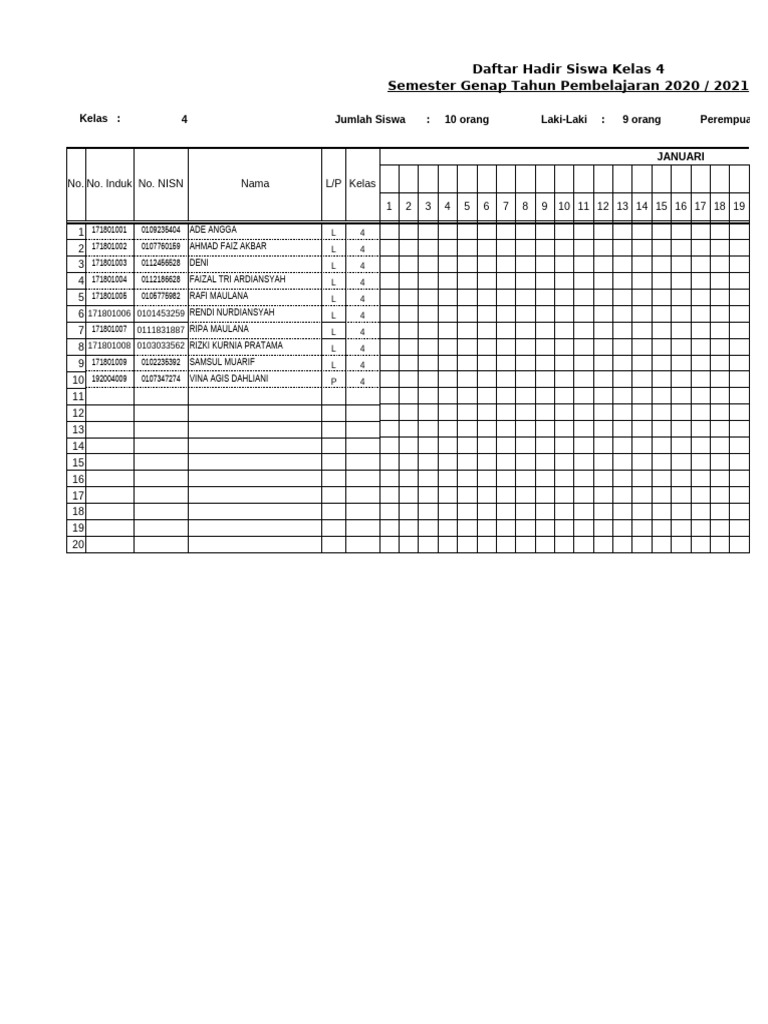 Absensi Siswa Rekap Otomatis Semester Genap | PDF