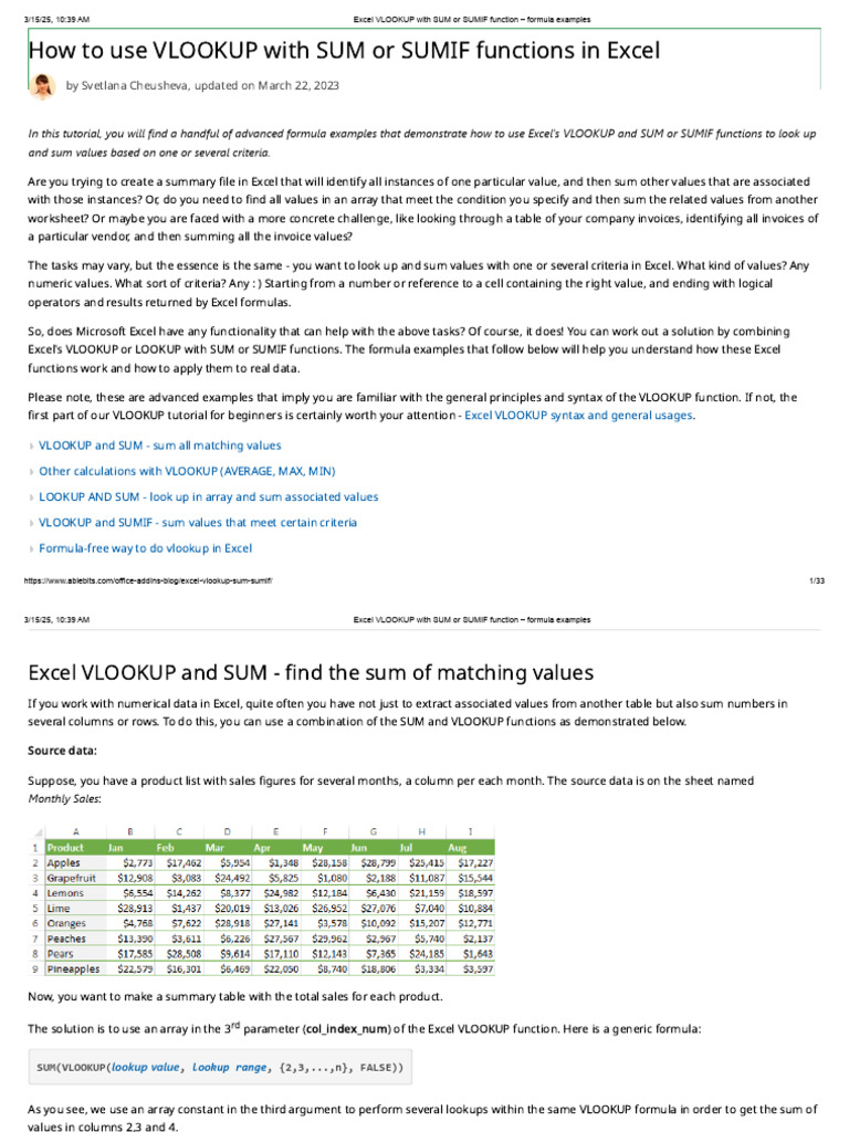Excel VLOOKUP With SUM or SUMIF Function - Formula Examples | PDF ...