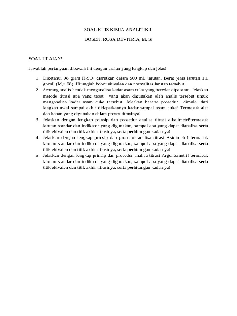 Soal Kuis Kimia Analitik II dan Titrasi | PDF