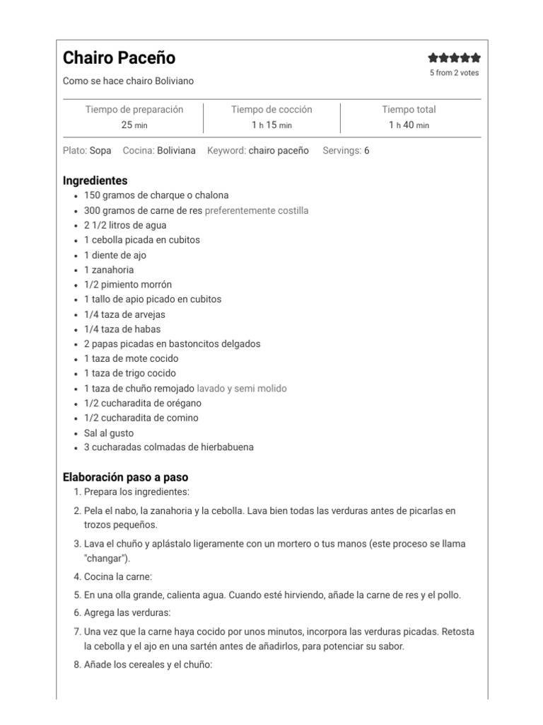 Chairo Paceño - Recetas de BOLIVIA | PDF