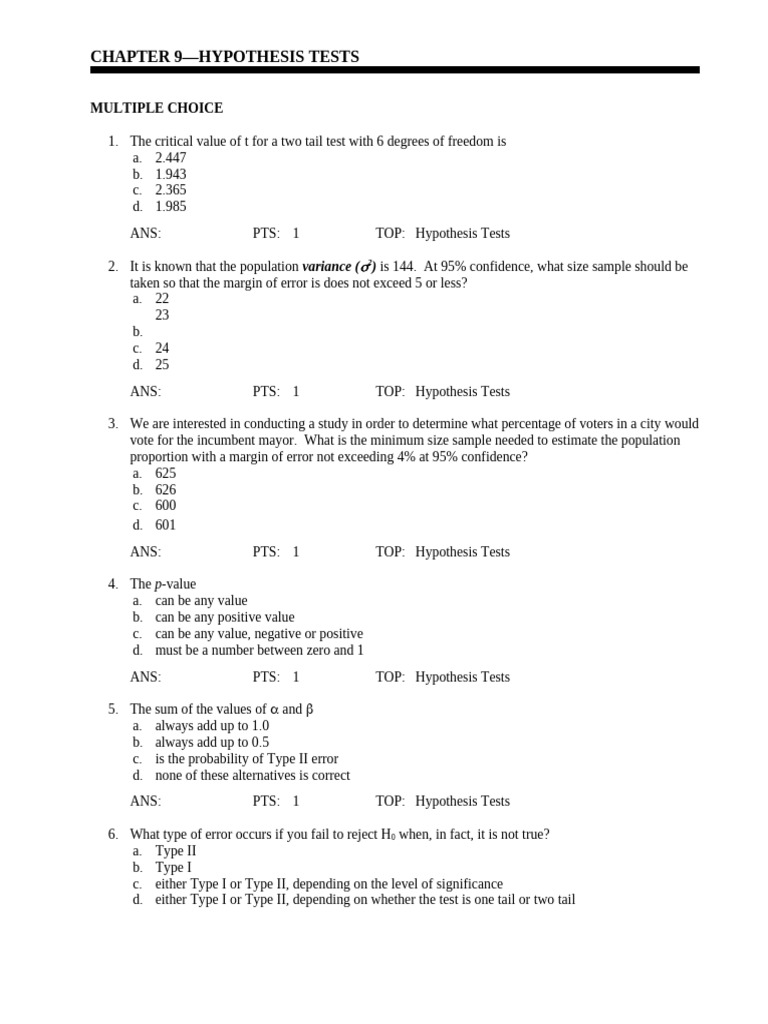 Hypothesis Testing MCQs and Answers | PDF | Type I And Type Ii Errors ...