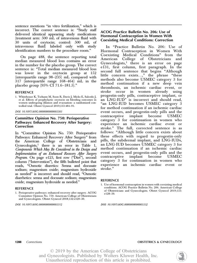 Corrections in ACOG Guidelines | PDF | Birth Control | Gynaecology