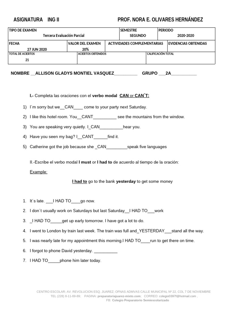 Tercera Evaluación Parcial Segundo Grado Ingles de Allison Gladys Montiel Vasquez de 2a | PDF ...