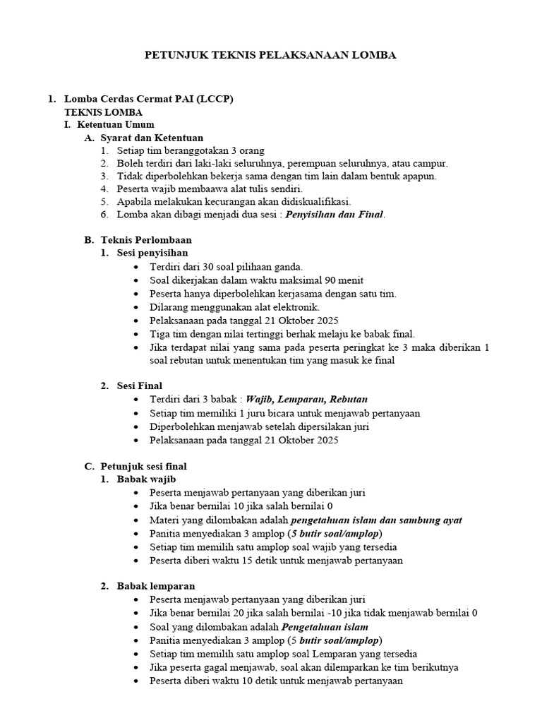 Petunjuk Teknis Pelaksanaan Lomba Lcc Pai 2025 Ok | PDF