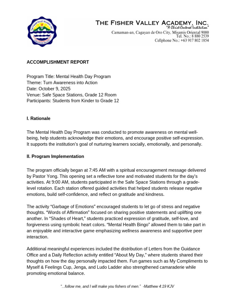 Mental Health Day Program Report 2025 | PDF | Mental Health | Gratitude