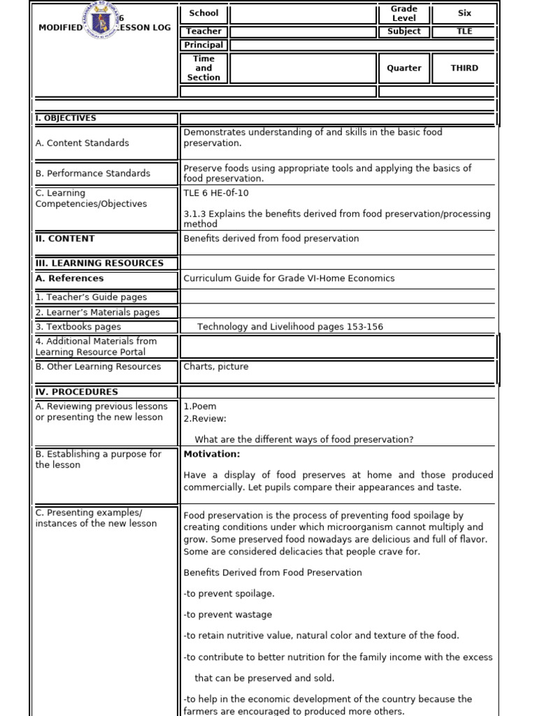 Grade 6 TLE Food Preservation Lesson | PDF | Food Preservation | Teachers