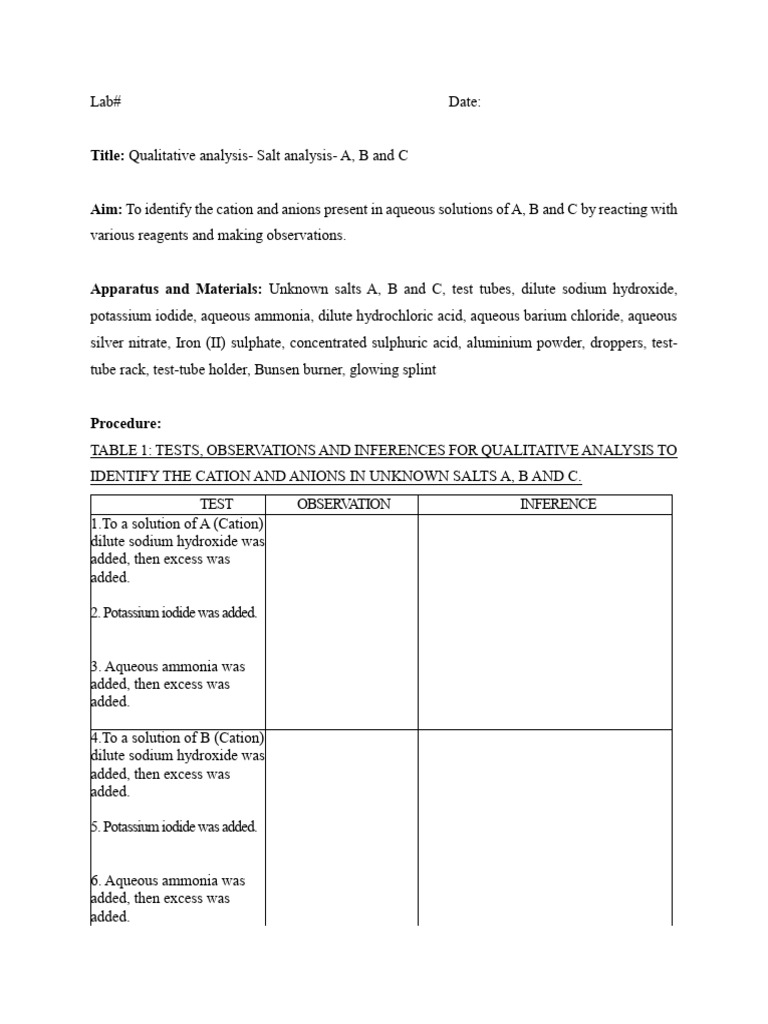 Qualitative Analysis of Unknown Salts | PDF | Acid | Chemical Substances