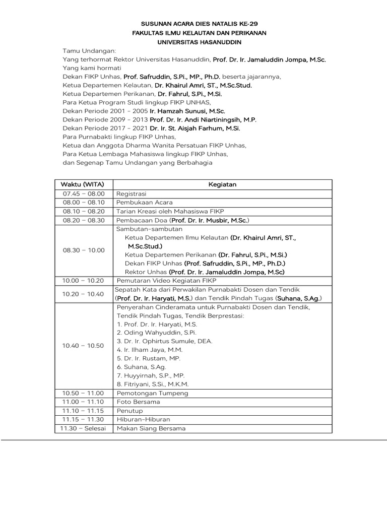 Susunan Acara Dies Natalis 29 | PDF