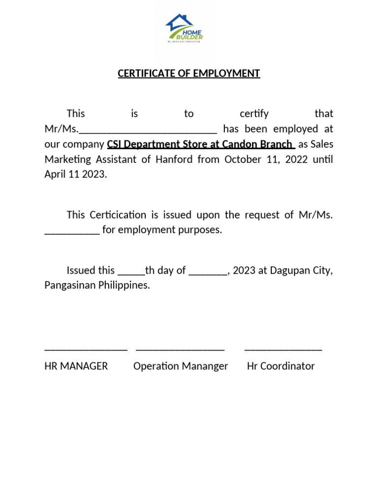 Coe Certificate of Employment Sample | PDF