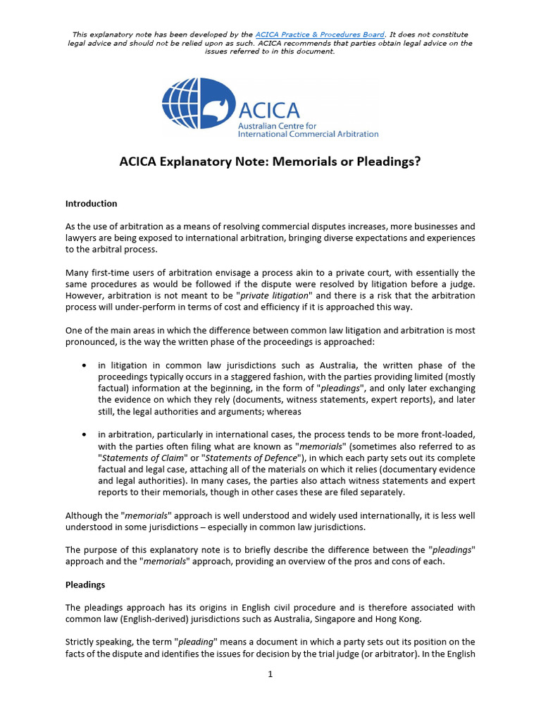 Memorials vs. Pleadings in Arbitration | PDF | Arbitration | Lawsuit