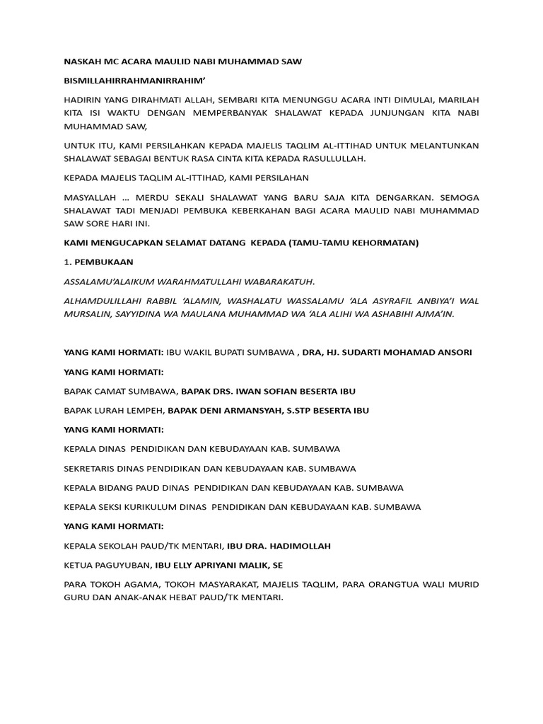 Naskah MC Acara Maulid Nabi Muhammad Saw | PDF