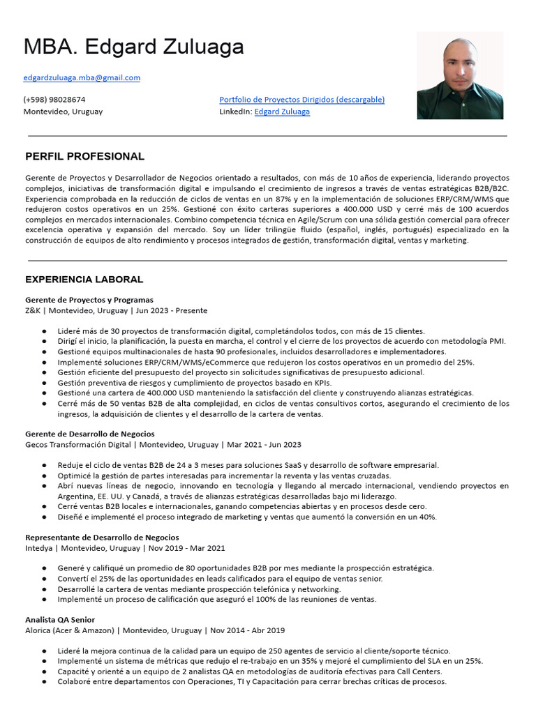 CV Edgard Zuluaga - Formato Americano Español | PDF | Uruguay ...