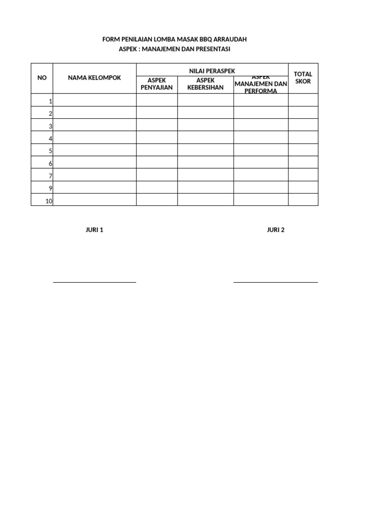 Penilaian Lomba Masak BBQ Arraudah | PDF