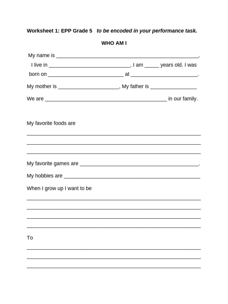 Grade 5 EPP Personal Profile Worksheet | PDF