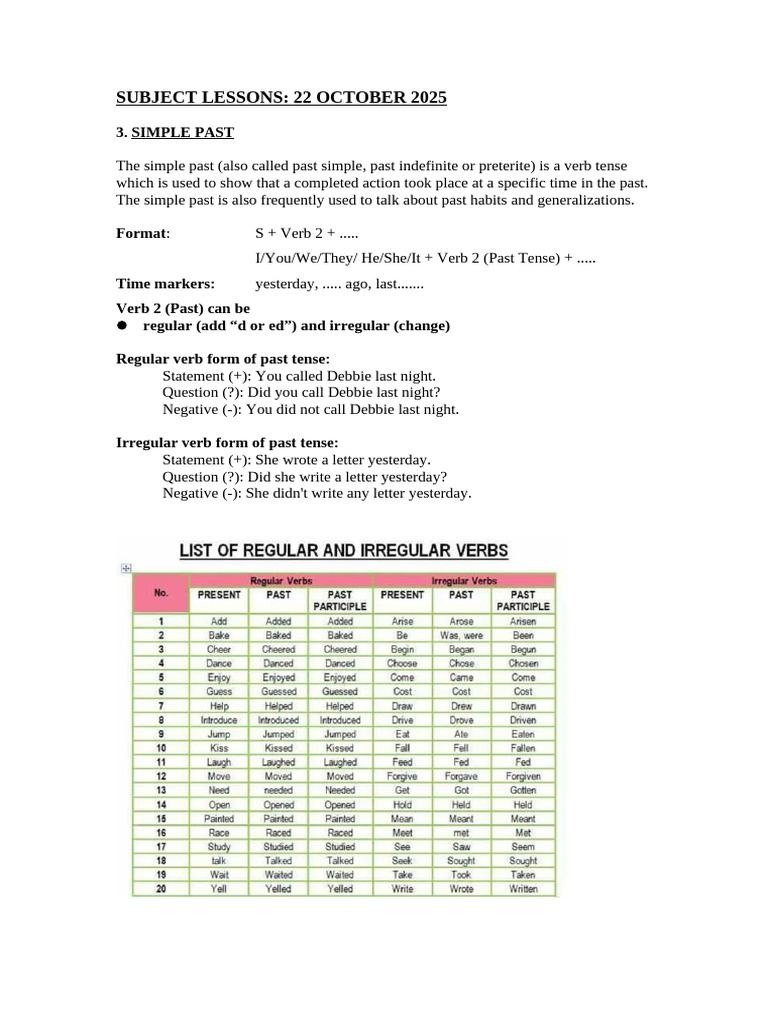 Simple Past Tense Lessons and Exercises | PDF