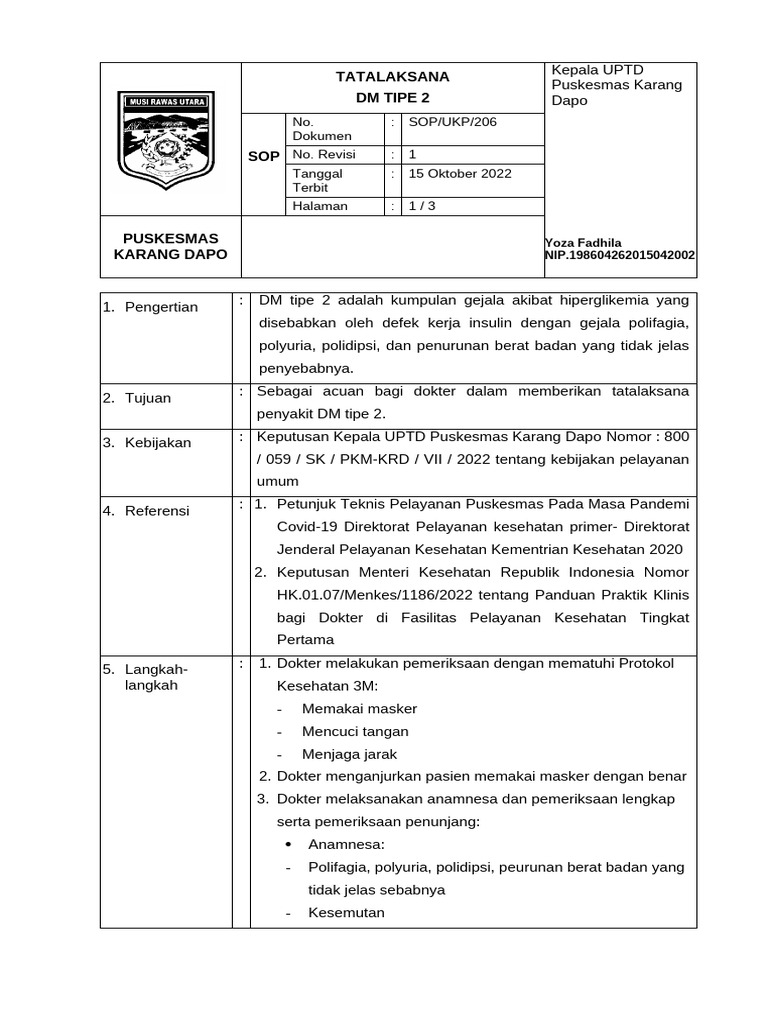 Sop Tata Laksana DM Type 2 | PDF