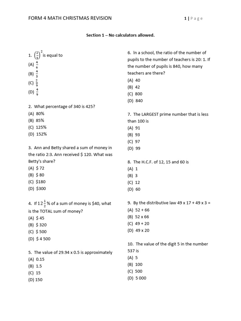 Form 4 Math Christmas Revision Guide | PDF | Quadratic Equation ...