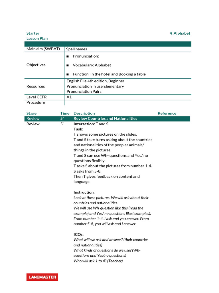 A1 Lesson Plan: Alphabet & Hotel Check-in | PDF | Waiting Staff ...