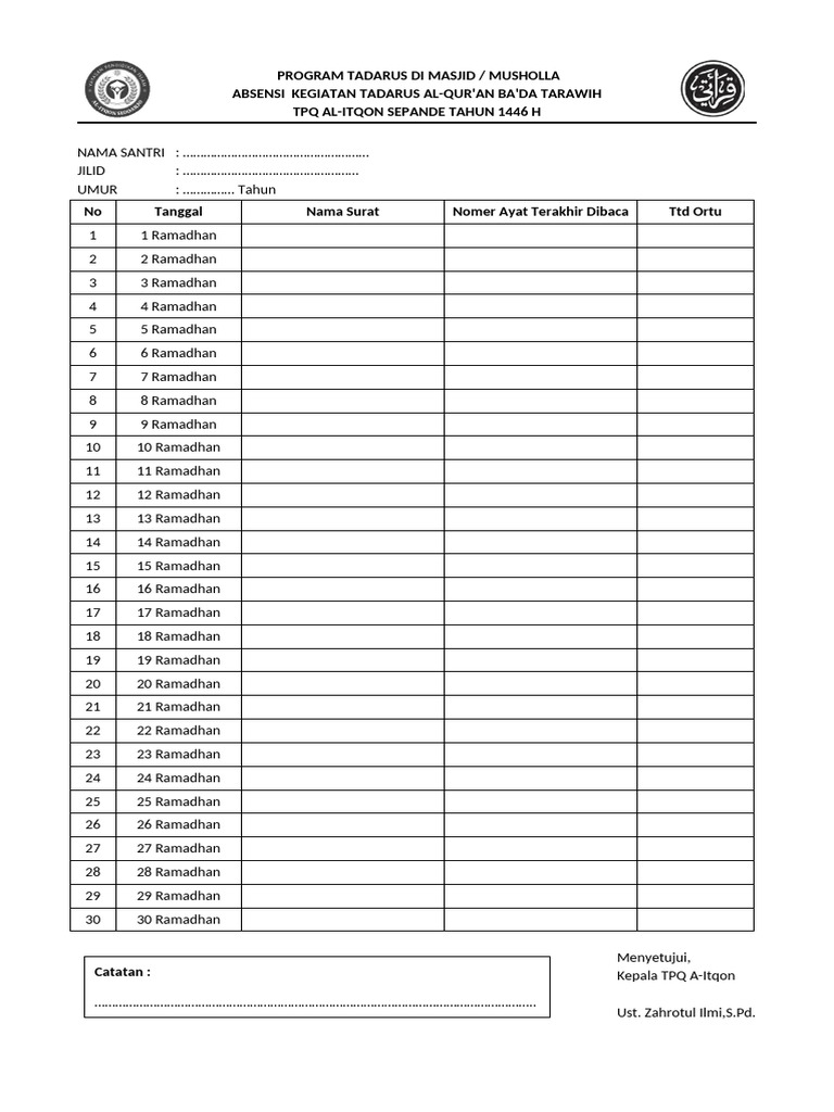 Absensi Tadarus Al-Qur'an TPQ 1446 H | PDF
