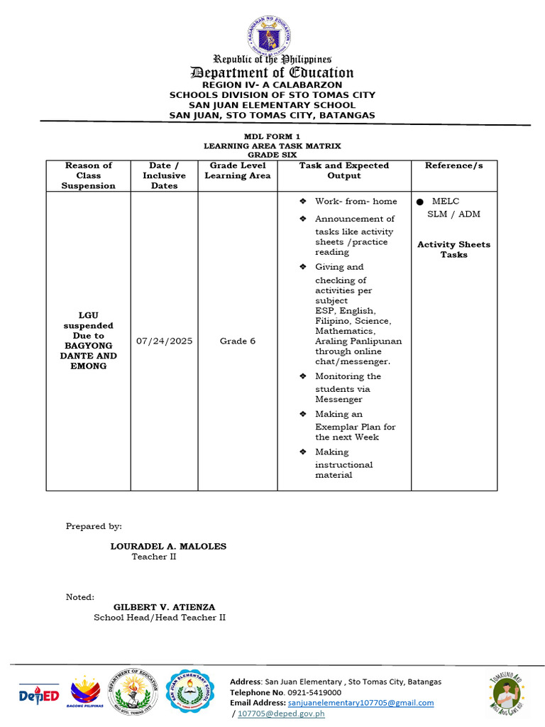 MDL Form 1: Grade 6 Task Matrix | PDF | Philippines