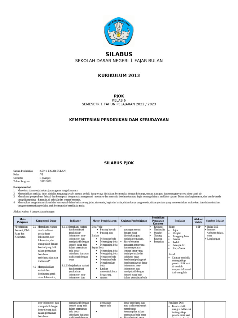 Silabus PJOK 6 GENAP 2022 K13 - 9 Komponen | PDF